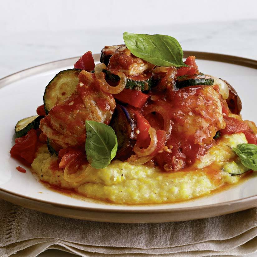 Recette de ratatouille au poulet, polenta au citron et basilic | Coup ...