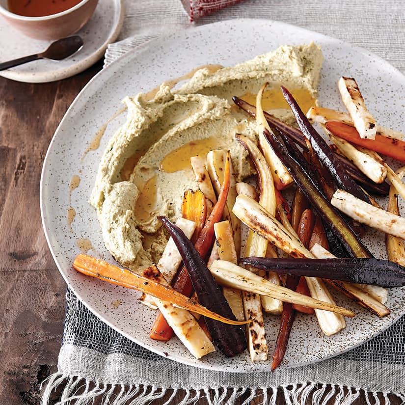 Recette de bâtonnets de légumes rôtis au miel, houmous à la coriandre ...