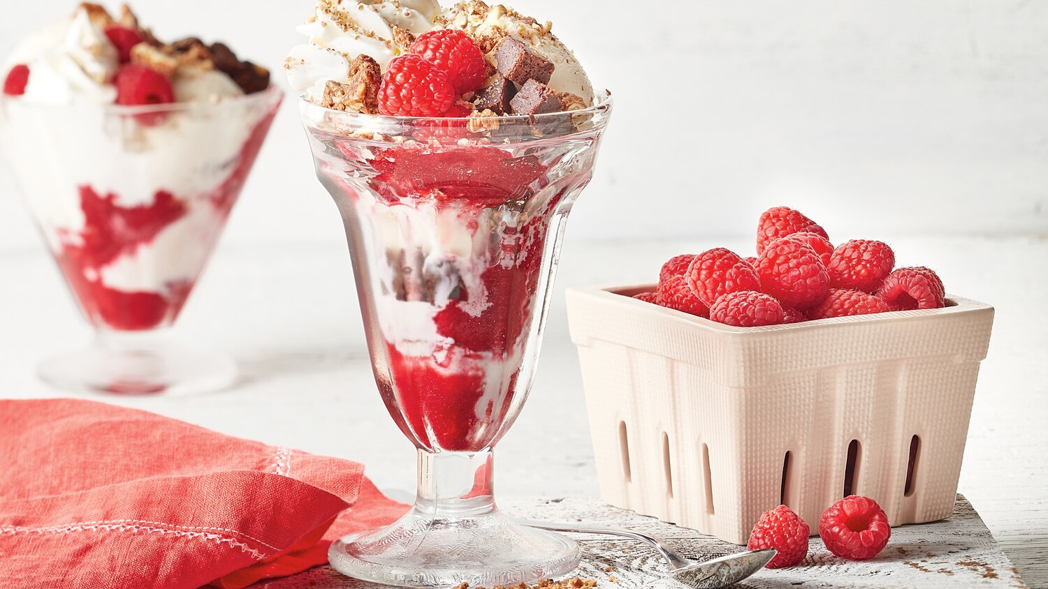 Raspberry Sundae with Brownie Bits & Candied Pecans | Canadian Living