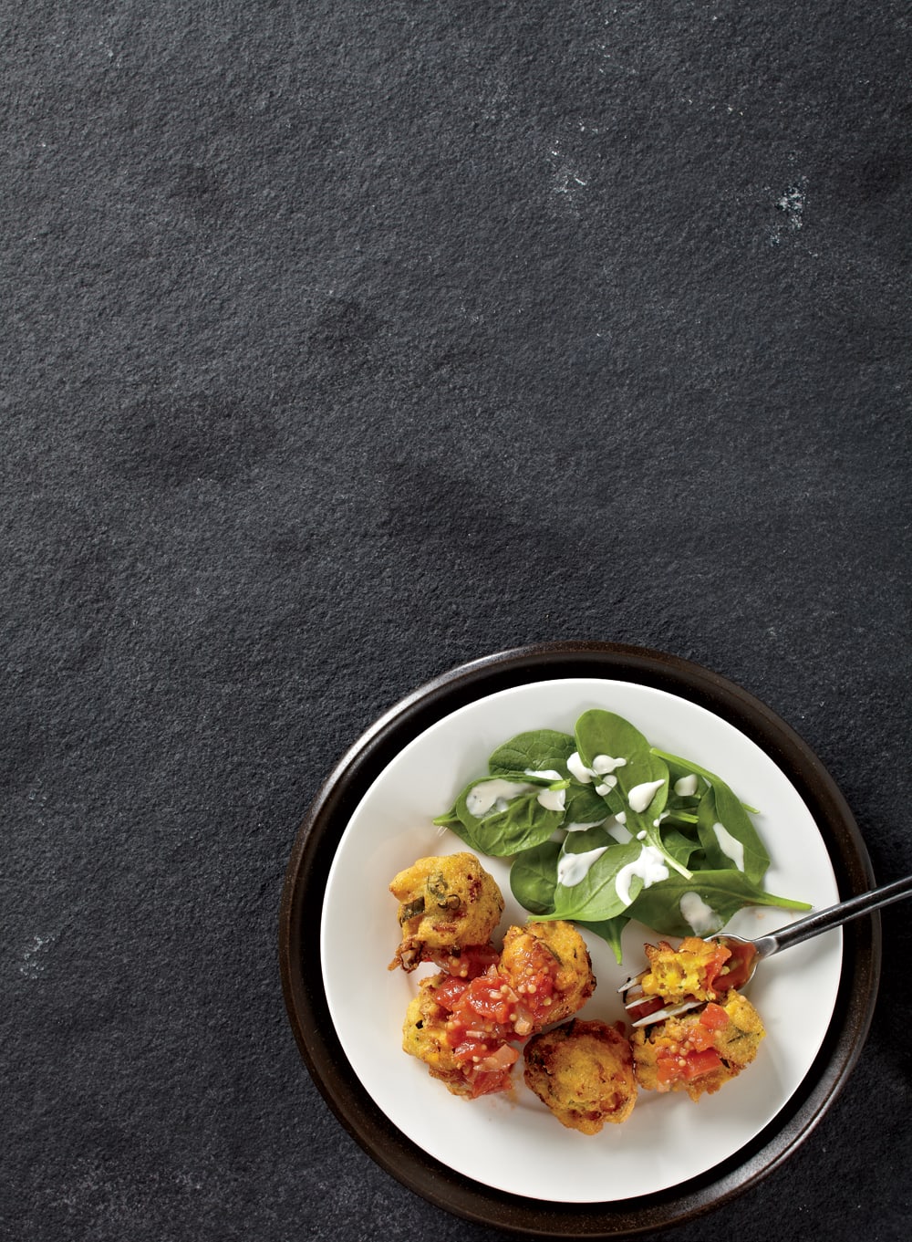 Bacon Corn Fritters With Tomato Chutney and Buttermilk Greens ...