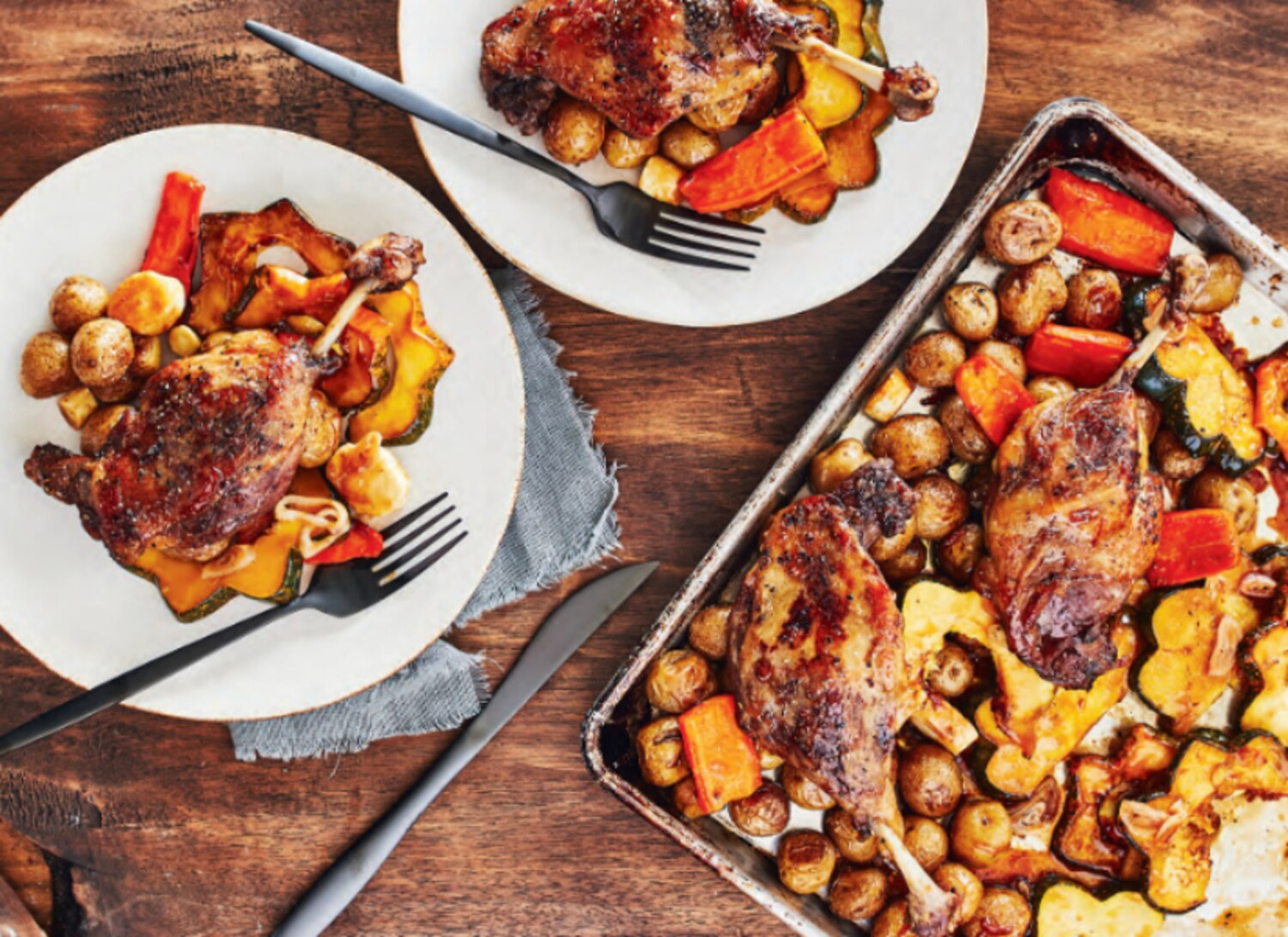 SHEET PAN HOISIN & ORANGE DUCK LEGS WITH POTATOES & MIXED VEGETABLES ...