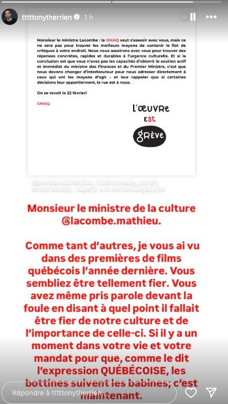 L’acteur Anthony Therrien exhorte le ministre Lacombe à agir pour sauver le monde de la culture ...