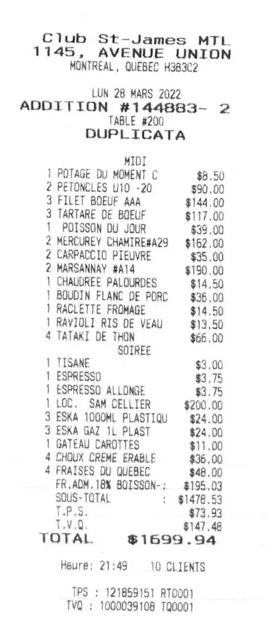 Un repas à 1700$ au Club Saint-James pour des dirigeants d'HEC | JDM