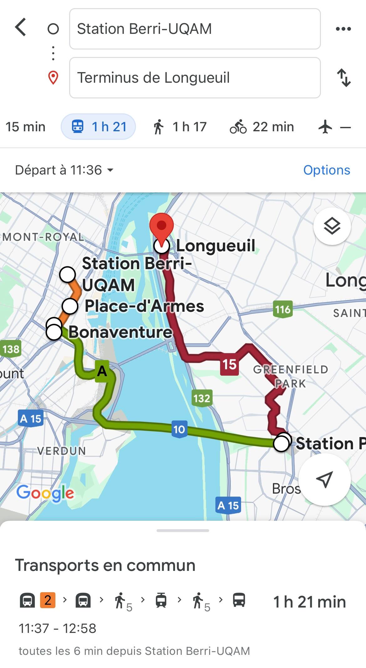 Montréal-Longueuil en transport en commun: 7 minutes ou... 1h20 si on ...