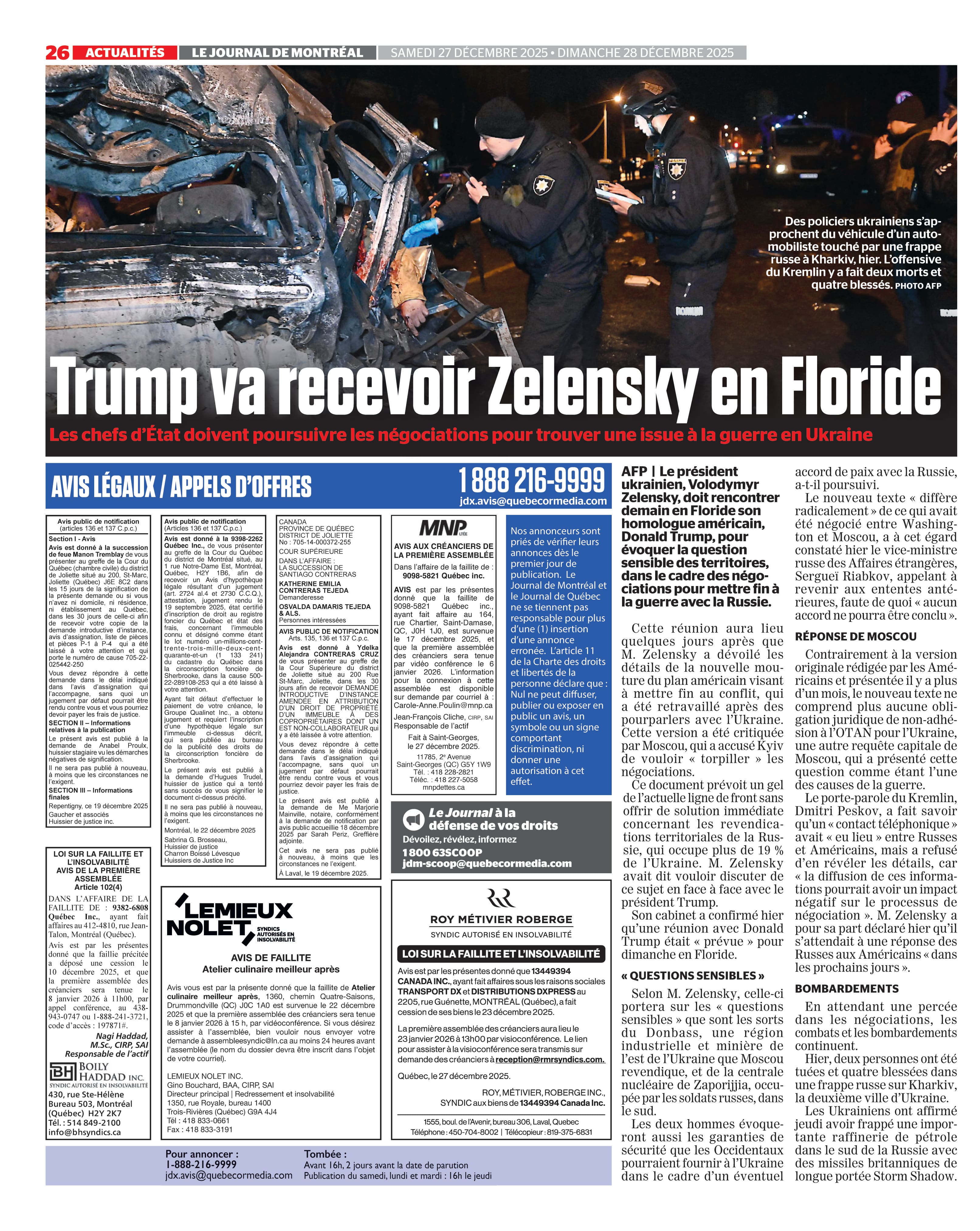Avis légaux - 27 décembre 2025 | Le Journal de Montréal