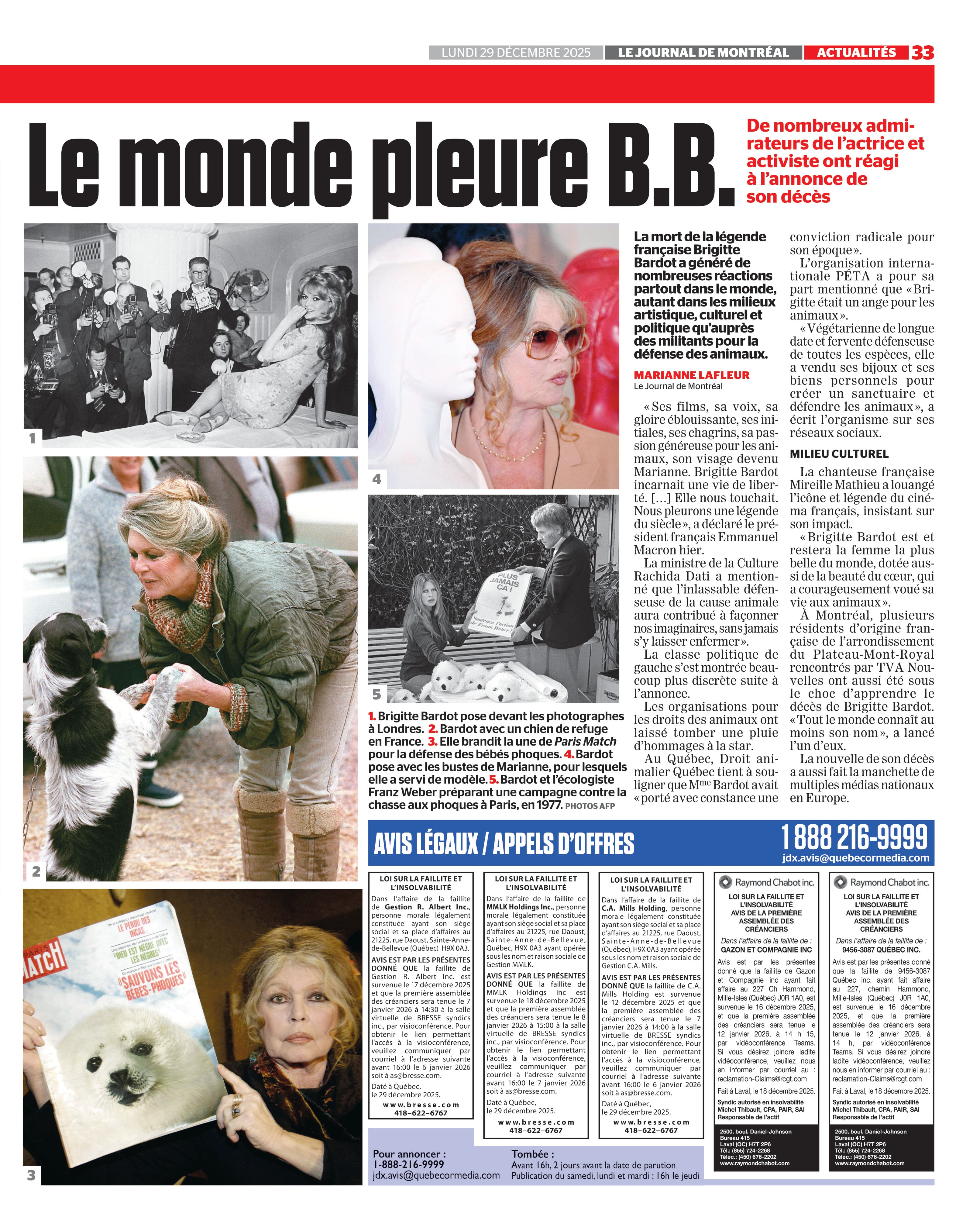 Avis légaux - 29 décembre 2025 | Le Journal de Montréal