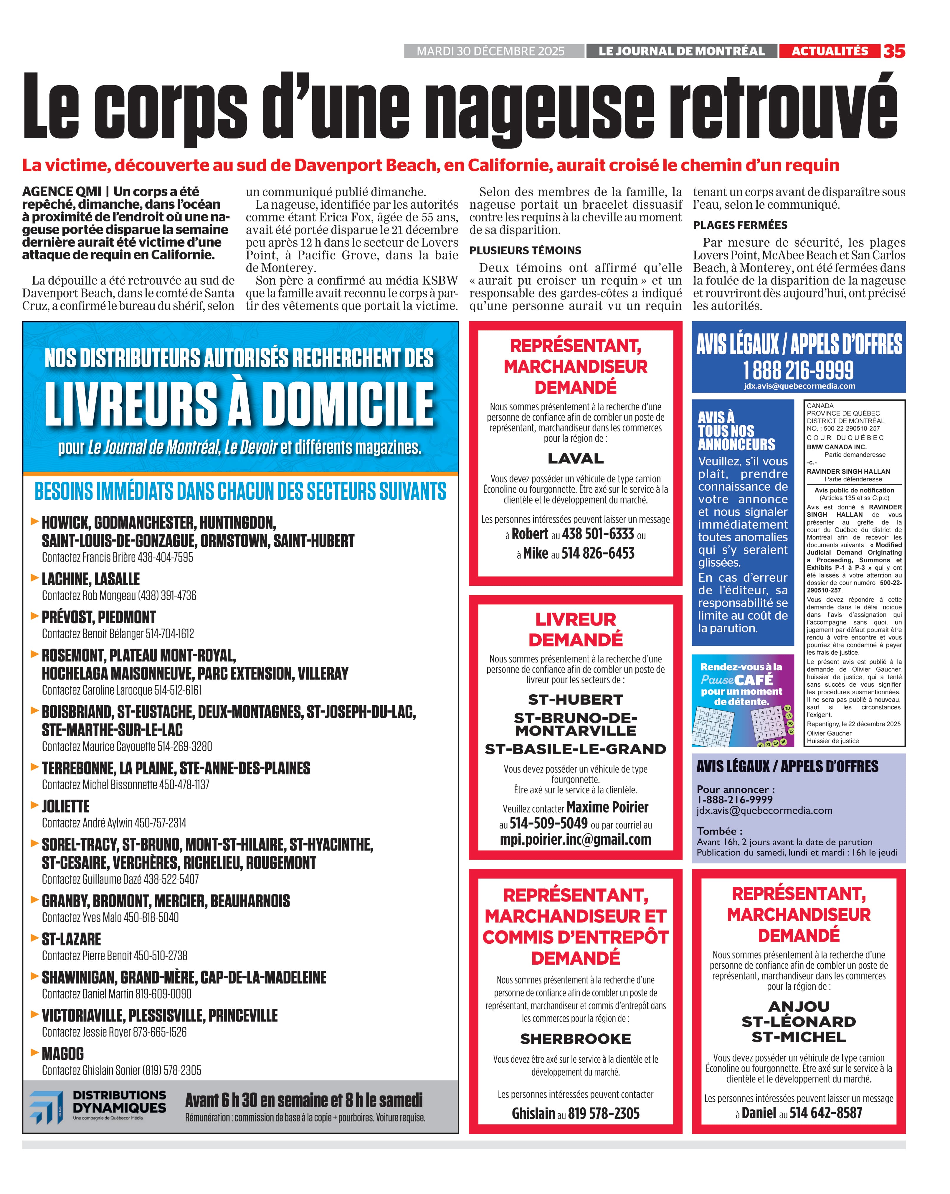 Avis légaux - 30 décembre 2025 | Le Journal de Montréal