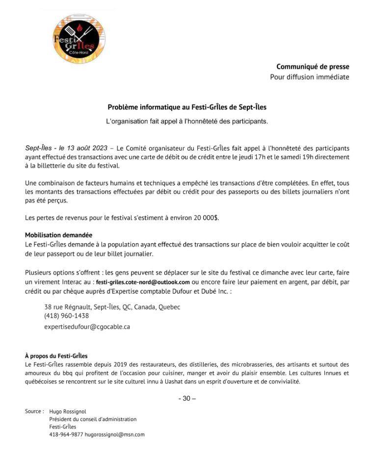 Le Festi-GrÎles lance un «appel à l’honnêteté» après un problème ...