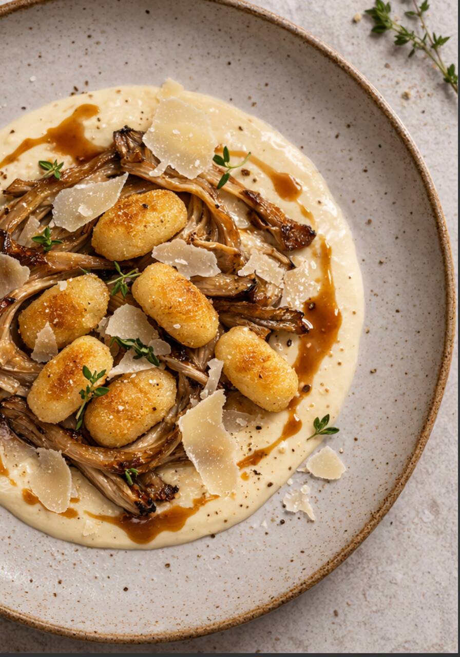 Gnocchis croustillants, pleurotes grillés, crème de pecorino, ail et ...
