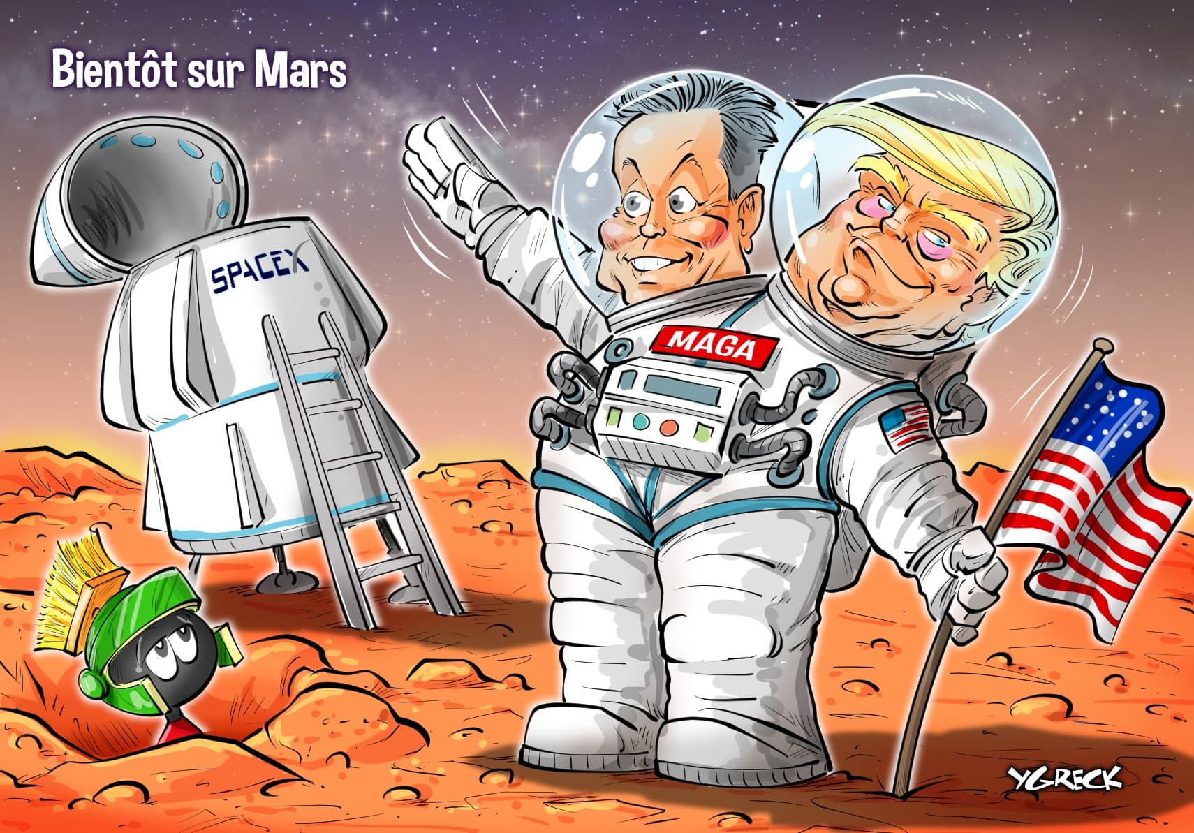 La caricature d’Ygreck en vidéo: Trump et Musk veulent conquérir Mars | JDQ