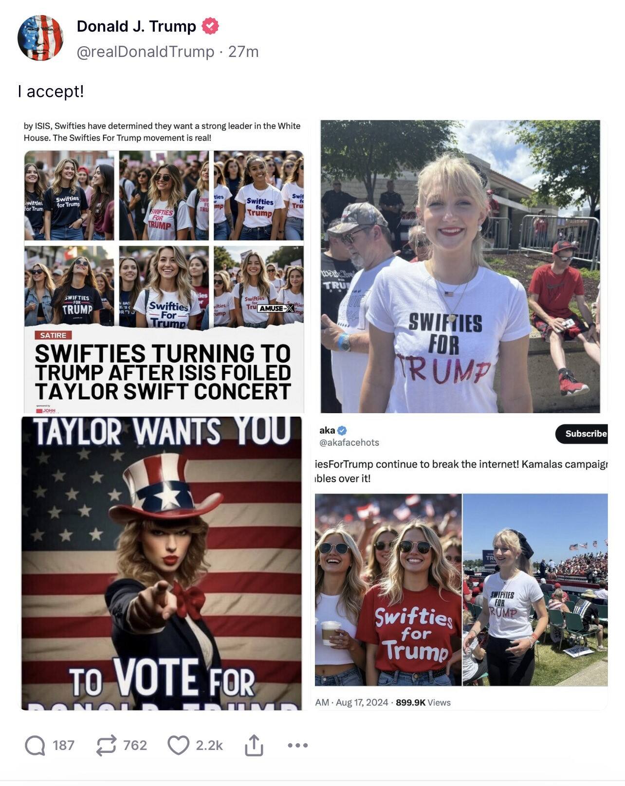 Donald Trump publie de fausses images de «Swifties for Trump» suggérant ...