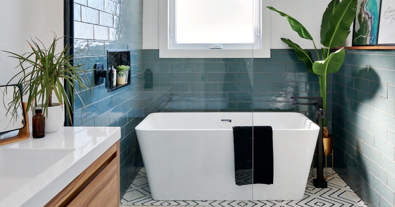 A small bathroom gets a big boost from two bold tile styles and a glass ...