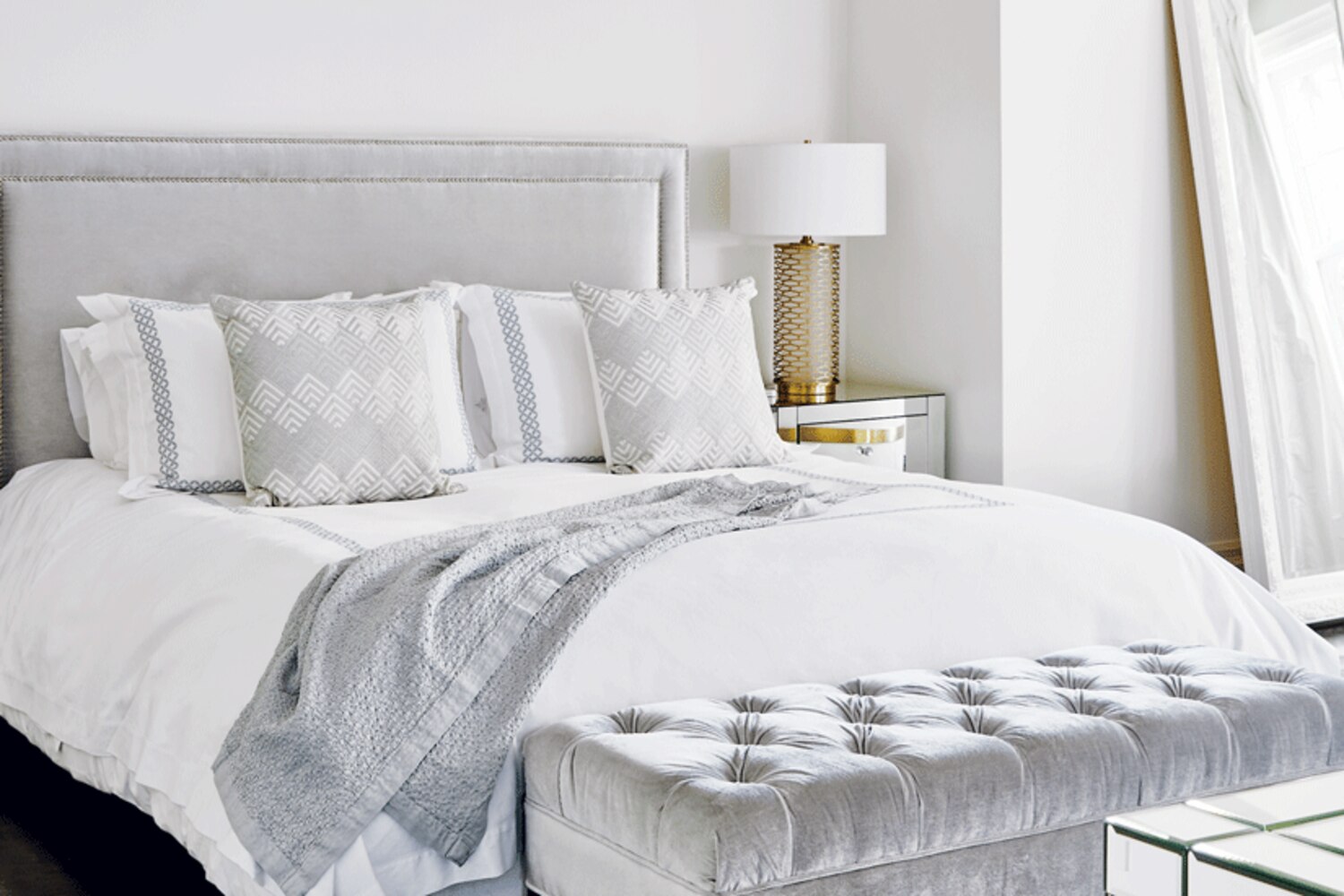 A prim yet practical boudoir with brass and velvet accents | Style at Home